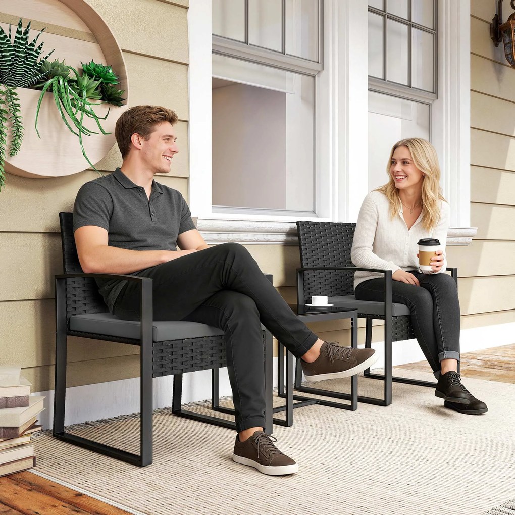 Ratanový bistro set, 3dílná sada zahradního nábytku se 2 zahradními židlemi, konferenčním stolkem, odnímatelnými polštáři tmavě šedá