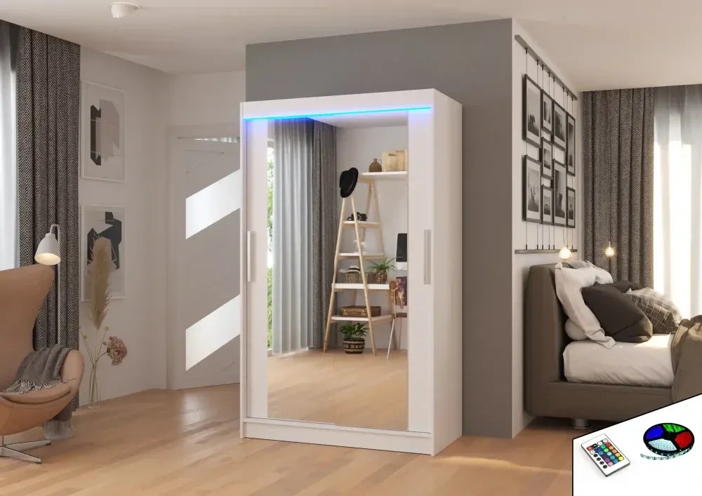 Posuvná skříň se zrcadlem a LED osvětlením TIBAGO 120 bílá