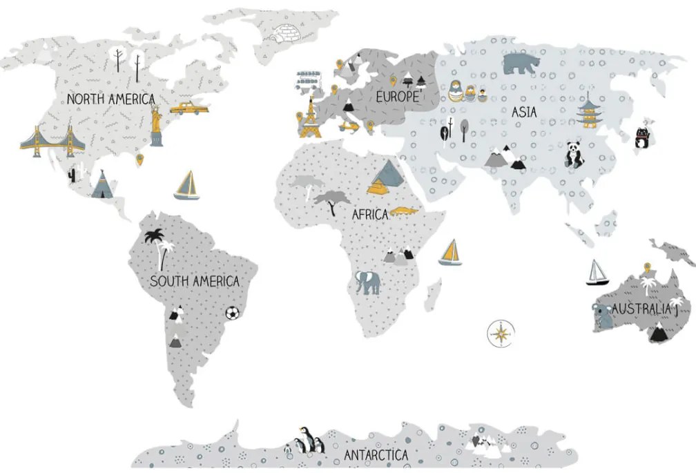 Dětské nástěnné samolepky MAPA SVĚTA šedé Zvolte rozměr: S, Zvolte jazyk: Český