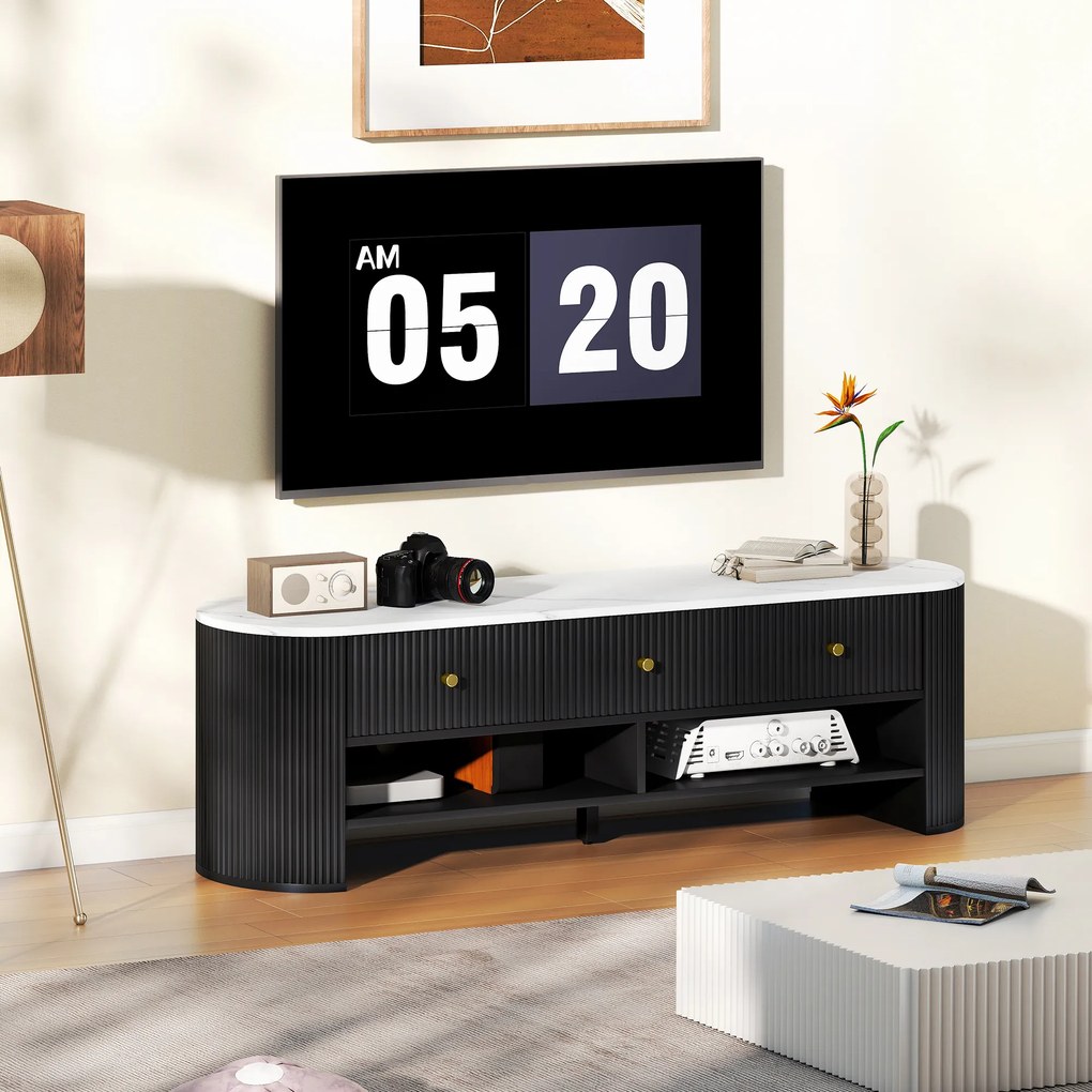 HOMCOM TV skříň 140 cm, TV stojan pro 65palcové televize s mramorovým efektem, 3 zásuvky s drážkovanými čely, 2 police, černá