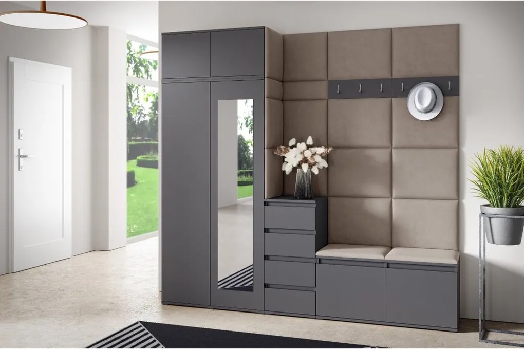 Eka Předsíňová stěna s čalouněnými panely Trinity 33 - Grafit / Tmavá béžová 2305