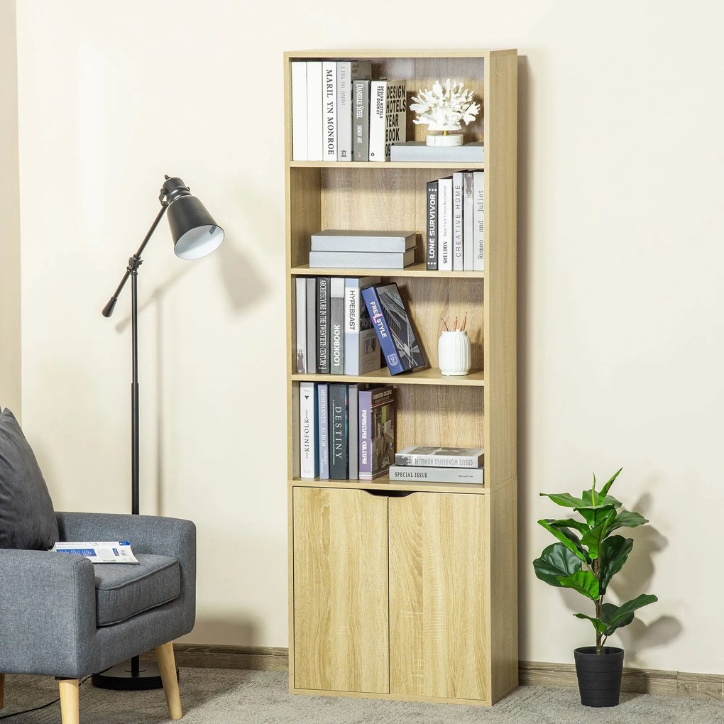 HOMCOM Knihovna se 4 otevřenými přihrádkami a 2 dveřmi pro obývací pokoj, pracovnu a kancelář, nosnost 80 kg, 59x29x180 cm, přírodní