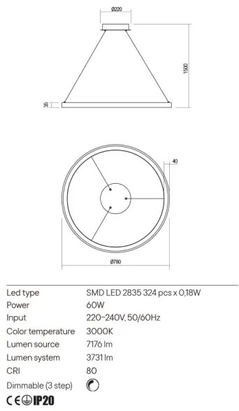 Redo 01-2676-LED Stmívatelný lustr na lanku ICONIC LED/60W/230Vpr. 78 cm zlatá
