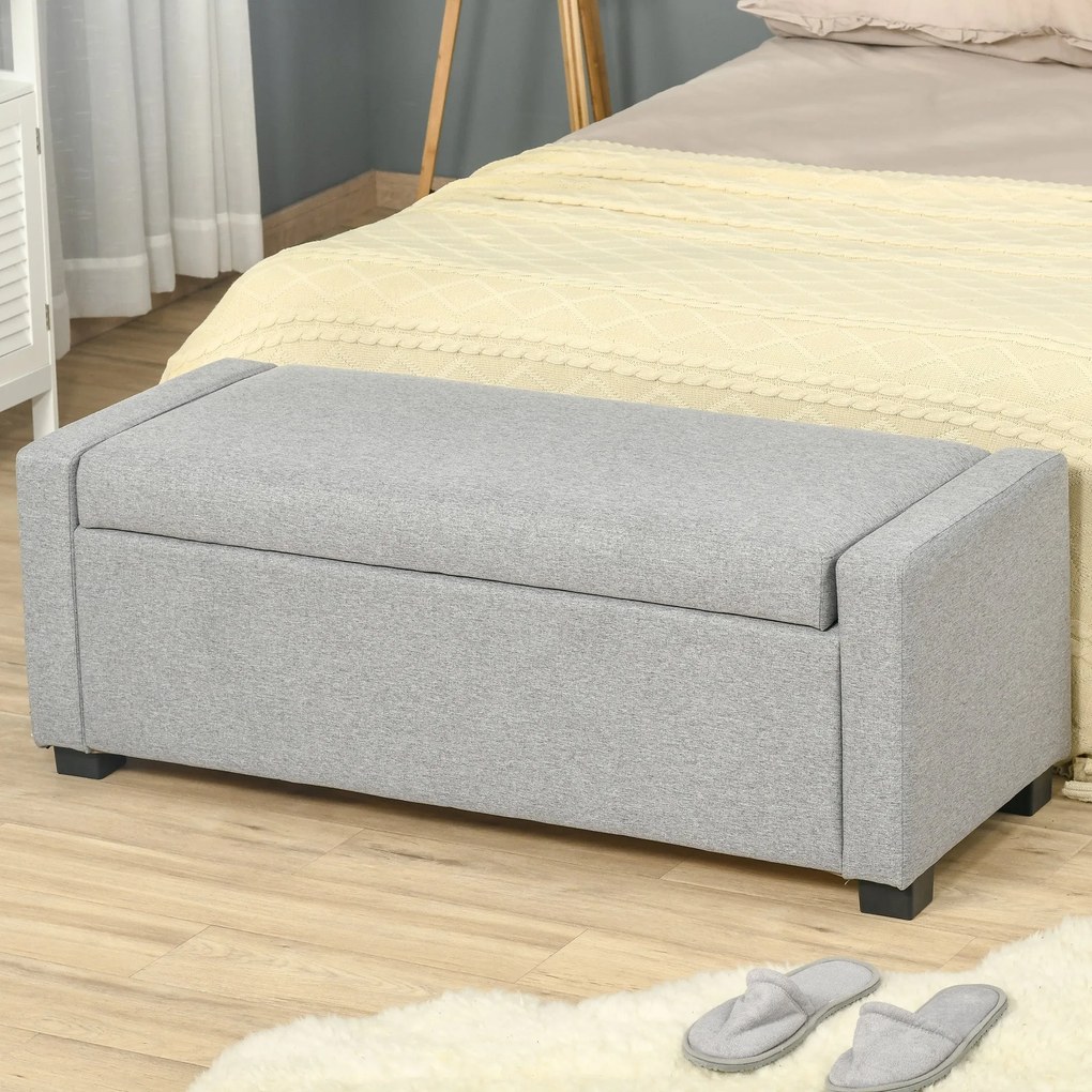 HOMCOM Úložná lavička, čalouněná lavička se skladovacím prostorem, lavička na konec postele, moderní design, plast, šedá tkanina, vícúčelová, 120x50x…