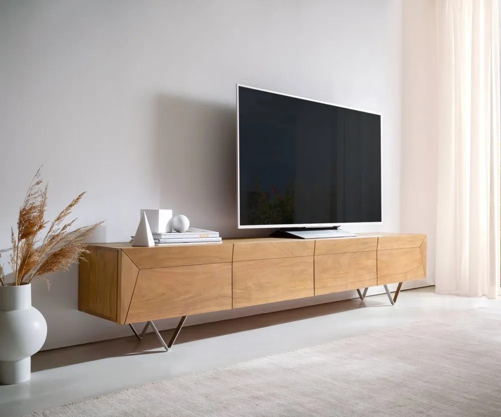 TV stolek Kayu 220 cm přírodní akácie 4 dvířka podnož ve tvaru "V"