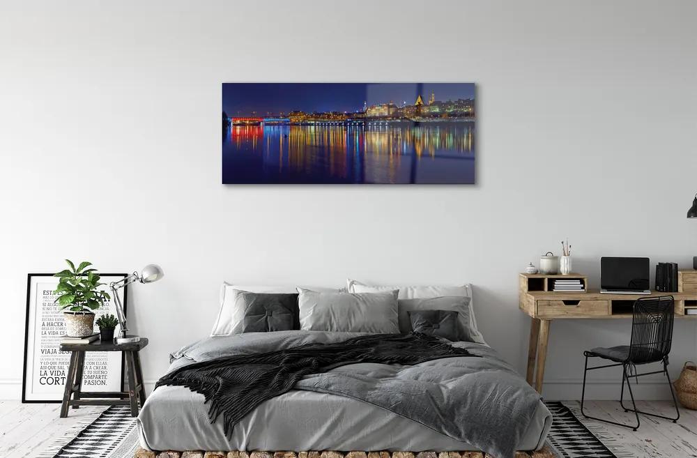 akrylový obraz Varšava město noc řeka most 120x60 cm