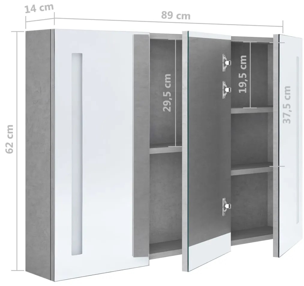 vidaXL Marketos LED koupelnová skříňka se zrcadlem betonově šedá 89x14x62 cm