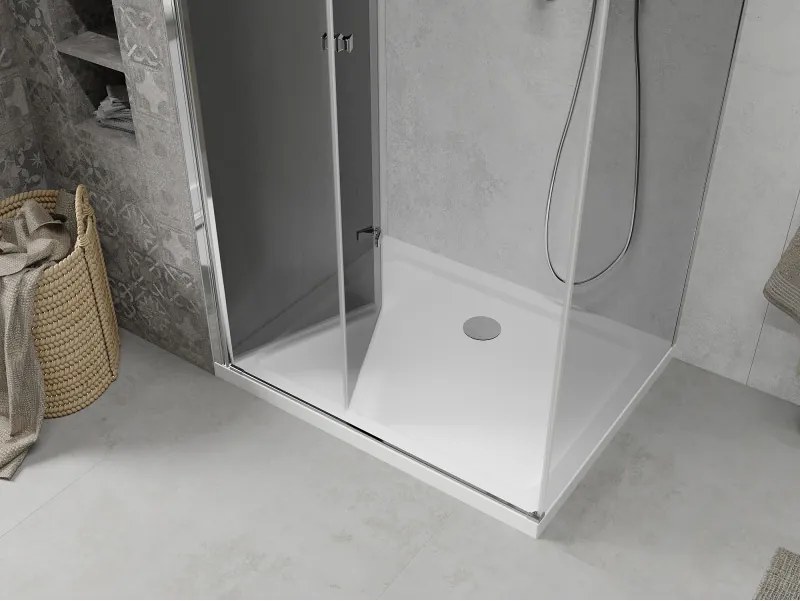 Mexen Lima, sprchový kout se skládacími dveřmi 80 (dveře) x 70 (stěna) cm, 6mm šedé sklo, chromový profil + slim sprchová vanička bílá + chromový sifon, 856-080-070-01-40-4010