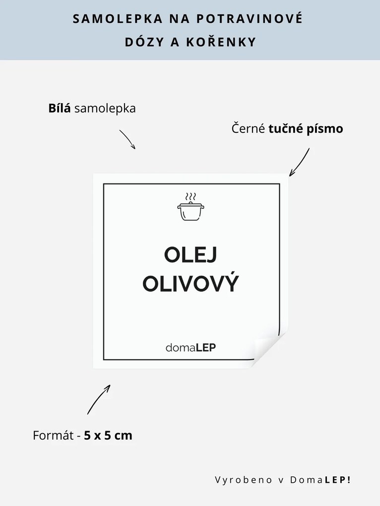 Samolepka na láhev OLEJ OLIVOVÝ – bílá, 5 x 5 cm, základní písmo