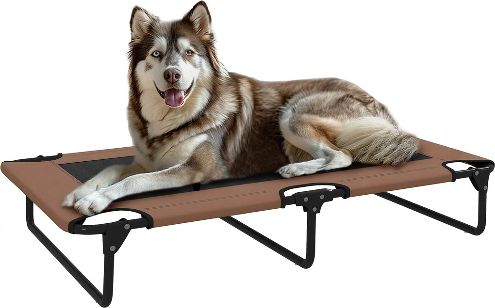 PawHut Zvedená Skládací Psí Postel, Venkovní Psí Lehátko s Mřížkovým Designem, Prodyšné, pro Velké Psy Káva Oxford 107 x 61 x 20 cm | Aosom
