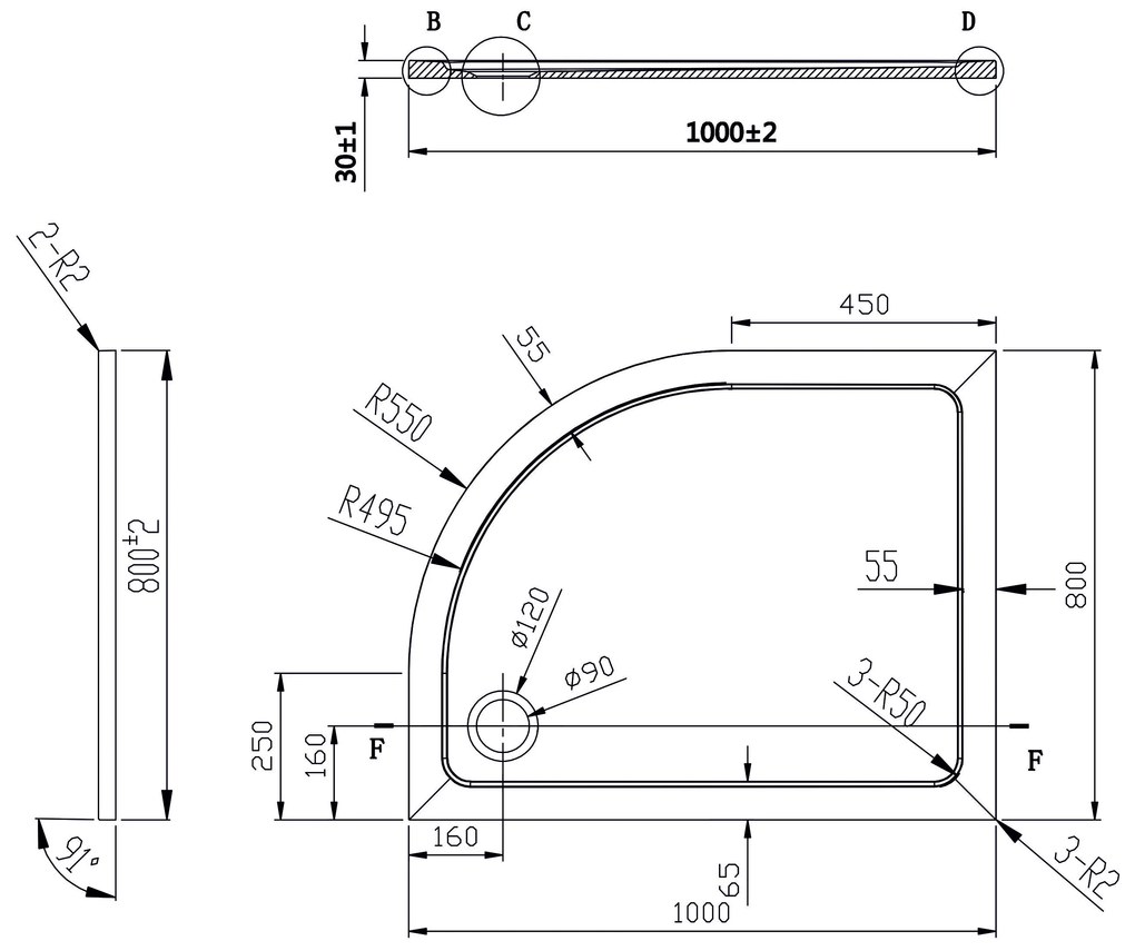 Olsen Spa Asymetrická čtvrtkruhová sprchová vanička VENETS Rozměr A - 100 cm, Rozměr B - 80 cm, Způsob provedení - Pravá - VANKASCTVR8010R