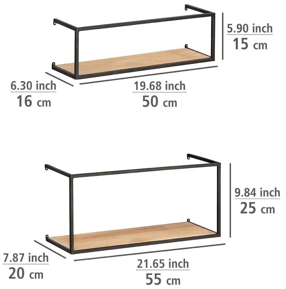 Sada 2 borovicových polic s černou kovovou konstrukcí Wenko Pieces, délka 55 cm