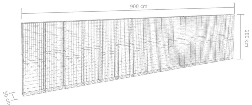 Gabionová zeď s víky z pozinkované oceli 900 x 50 x 200 cm,  144916