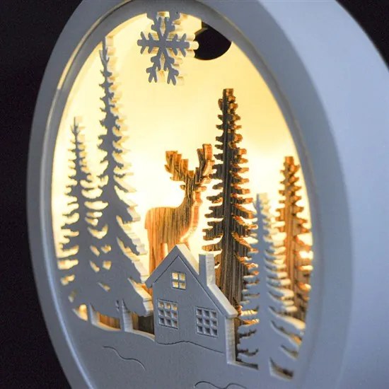 SOLIGHT LED vánoční dekorace závěsná, les a jelen, bílá a hnědá, 2x AAA