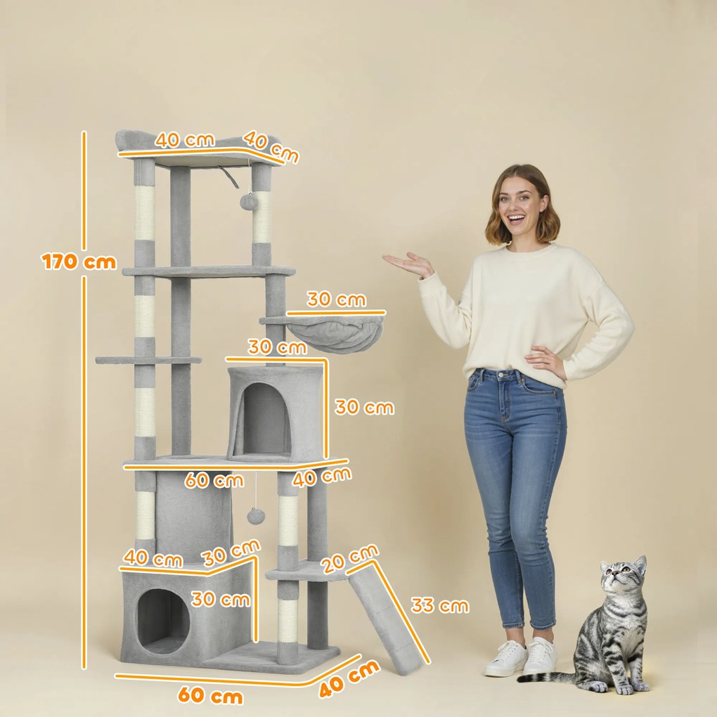 Škrabadlo pro kočky, 170 cm, tunel, jeskyně, velká základna, sisalové sloupky, světle šedá barva