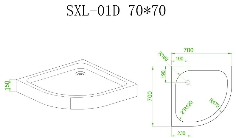 BPS-koupelny Čtvrtkruhová akrylátová sprchová vanička HYD-RSV-SXL01D 70x70 bílá