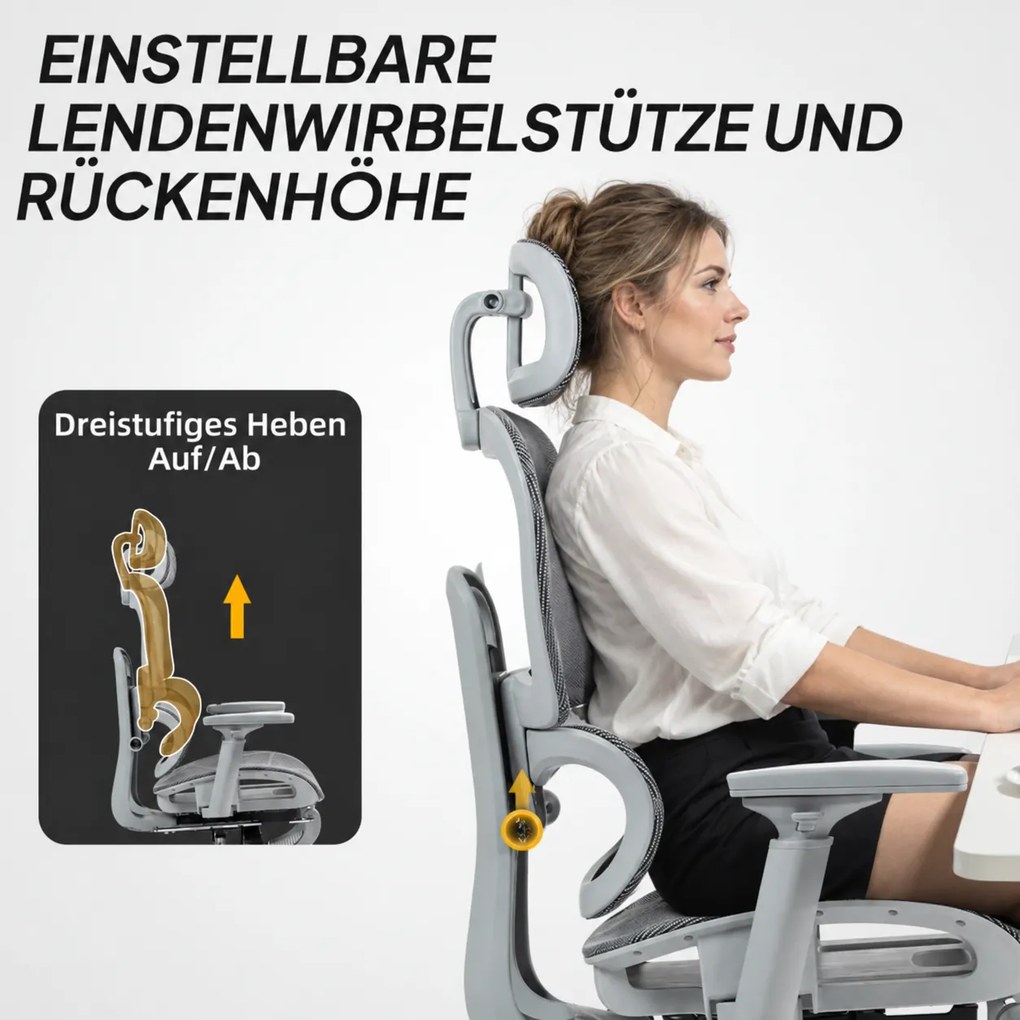 HOMCOM Kancelářská židle, ergonomická židle k psacímu stolu s potahem ze síťoviny, nastavitelná, na kolečkách, s opěrkami rukou, opěrkou hlavy, šedá