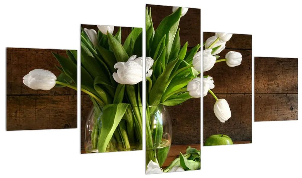 Obraz bílých tulipánů ve váze (125x70 cm)