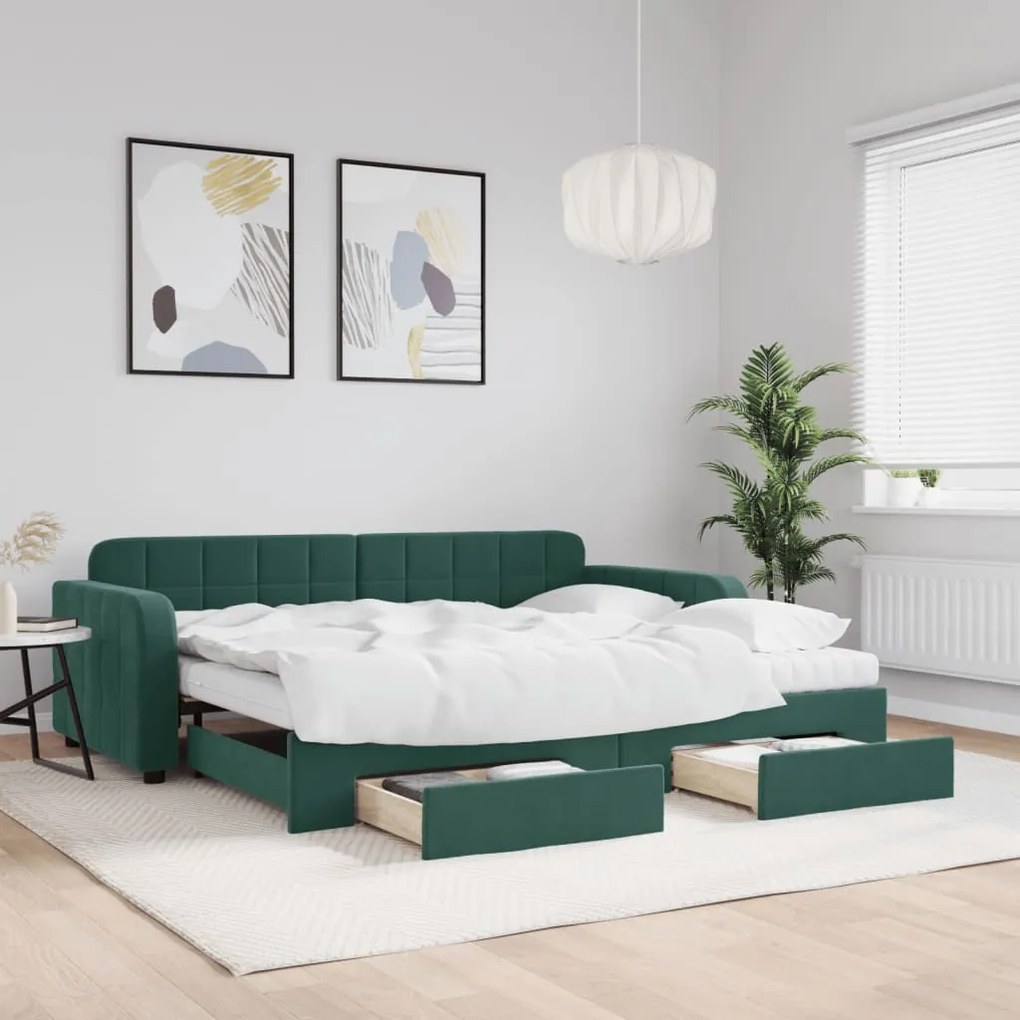 Válenda s přistýlkou a zásuvkami tmavě zelená 90 x 200 cm samet 3197003