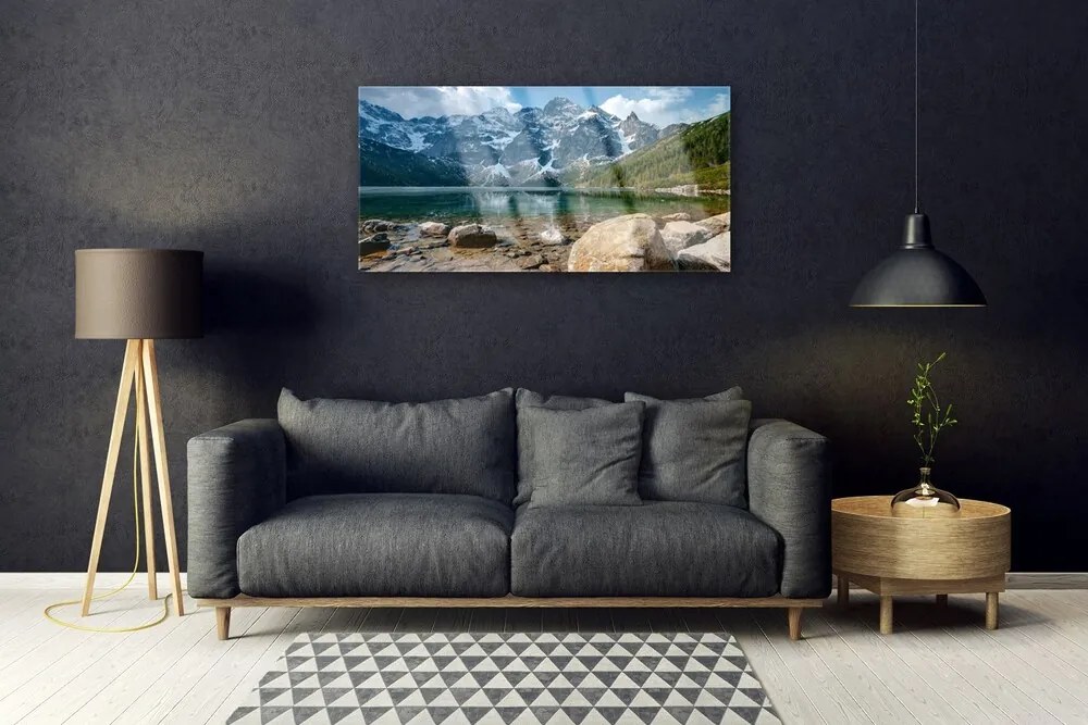 Obraz na skle Hory Les Jezero Kameny 120x60 cm