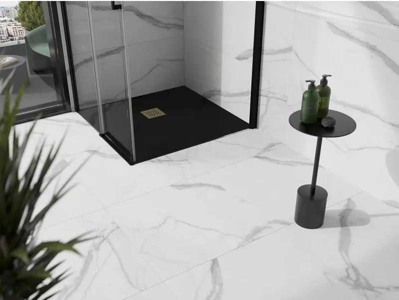 Mexen Stone+, čtvercová vanička z minerálního kompozitu 90 x 90 cm, černá, zlatá lesklá krytka, 44709090-G