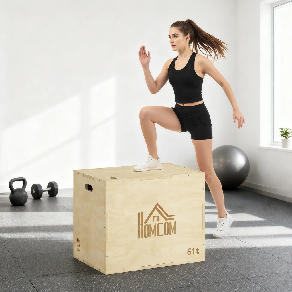 HOMCOM plyo Box 3 v 1 Dřevěný plyometrický box se 3 výškami skoku Rukojeti 61 x 51 x 76 cm Přírodní dřevo