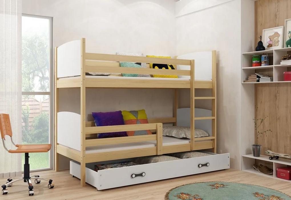 Patrová postel BRENEN + úložný prostor + matrace + rošt ZDARMA, 80x190, borovice, bílá