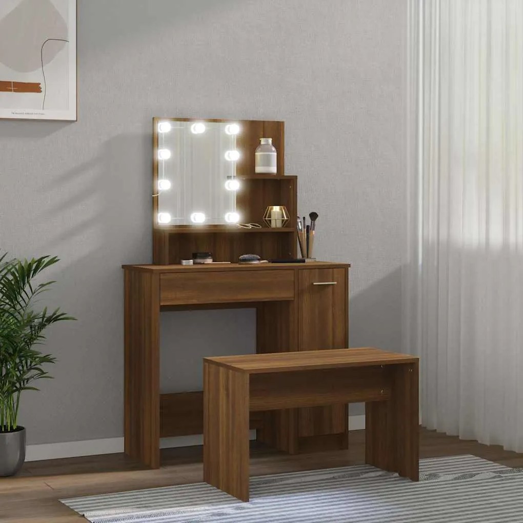 Toaletní stolek sada s LED hnědý dub kompozitní dřevo 3114122