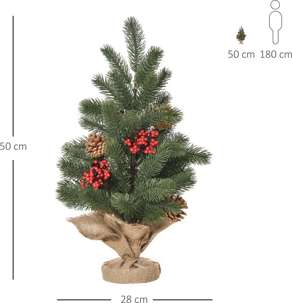 HOMCOM Mini vánoční stromek, vánoční dekorace, včetně ozdob, červené bobule, výška 50 cm, včetně cementového stojanu, zelený + vícebarevný