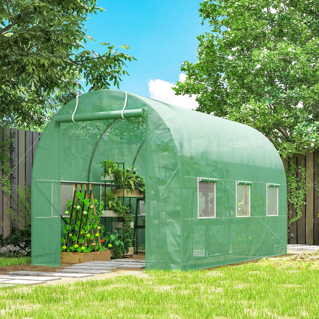 Outsunny Fóliový skleník na rajčata Fóliový tunelový skleník s oknem Zelený 350 x 200 cm