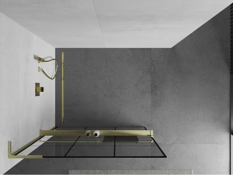 Mexen Kioto+ L, sprchová zástěna Walk-In s poličkou a věšákem 120 x 200 cm, 8mm čiré sklo černý vzor, ​​zlatý matný profil, 800-120-123-55-77