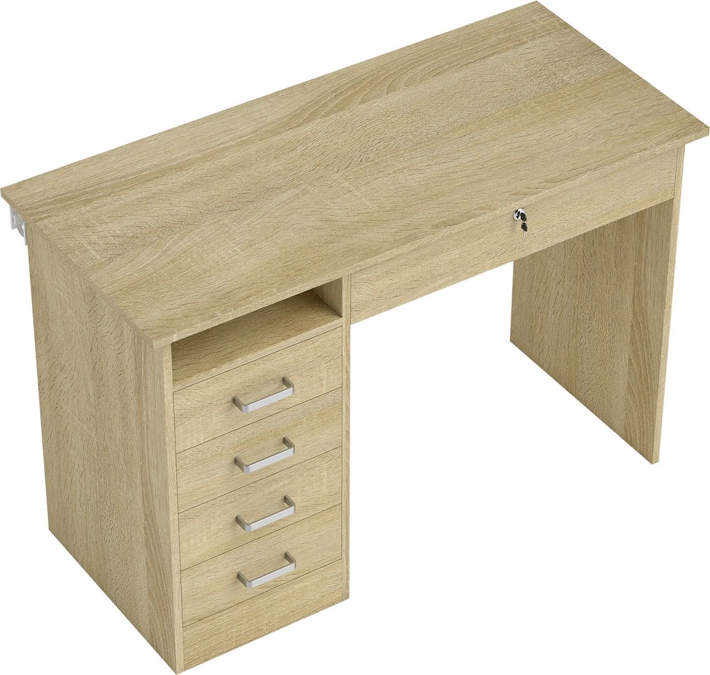 HOMCOM Moderní psací stůl s 5 zásuvkami, velkou deskou, 1 otevřenou přihrádkou, zamykatelnou zásuvkou, 110 x 50 x 76 cm, dub