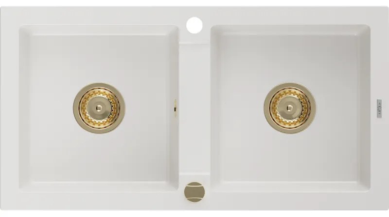 Mexen Mario, granitový dřez 820x436x161 mm, 2-komorový, bílá se zlatým sifonem, 6504822000-20-G