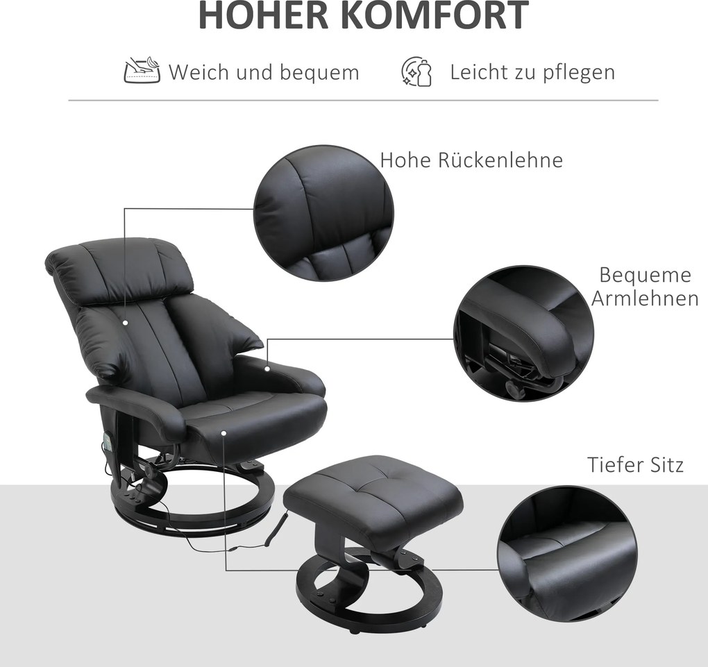 Televizní křeslo HOMCOM s funkcí polohování, hluboké čalounění, vysoký opěrák a područky, otočné o 360°, imitace kůže, 76L x 80W x 102H cm, černá