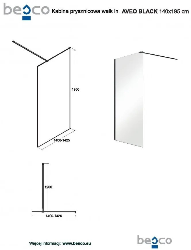 BESCO Walk-in sprchový kout AVEO BLACK BARVA rámu - Černá, Pevná stěna - Bez pevné stěny, Rozměr A - 140 cm, Rozměr C - 195 cm, Výplň - Čiré bezpečnostní sklo - 8 mm BCAVEO140BL