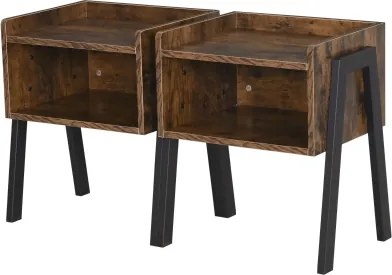 HOMCOM sada 2 stohovatelných nočních stolků, noční stolky z dřeva, odkládací stolek v industriálním stylu 46 x 35 x 52,5 cm hnědá rustikální a černá