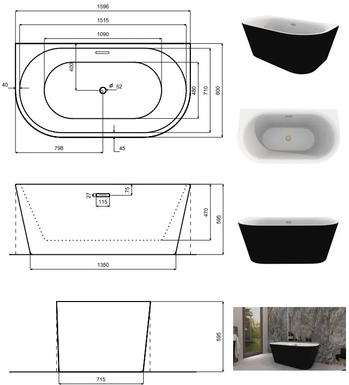 Besco Vica New B&W volně stojící vana se štěrbinovým přepadem, lesk Délka vany: 160cm