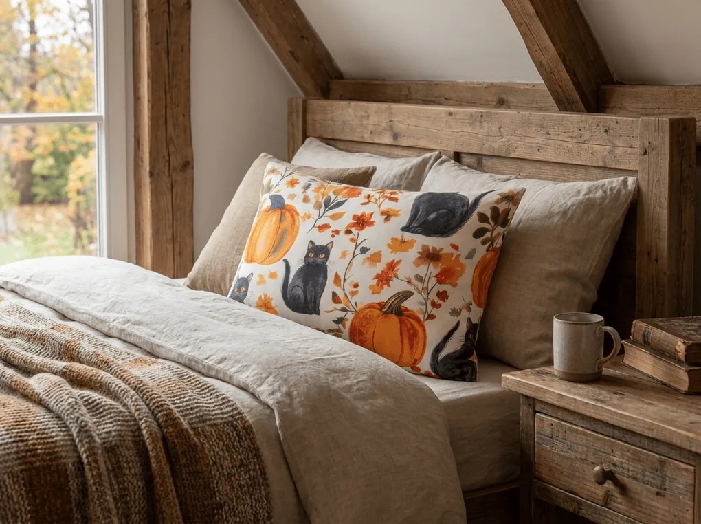 Povlak na polštář z mikrovlákna CATS AND PUMPKINS 50x70 cm, barevný