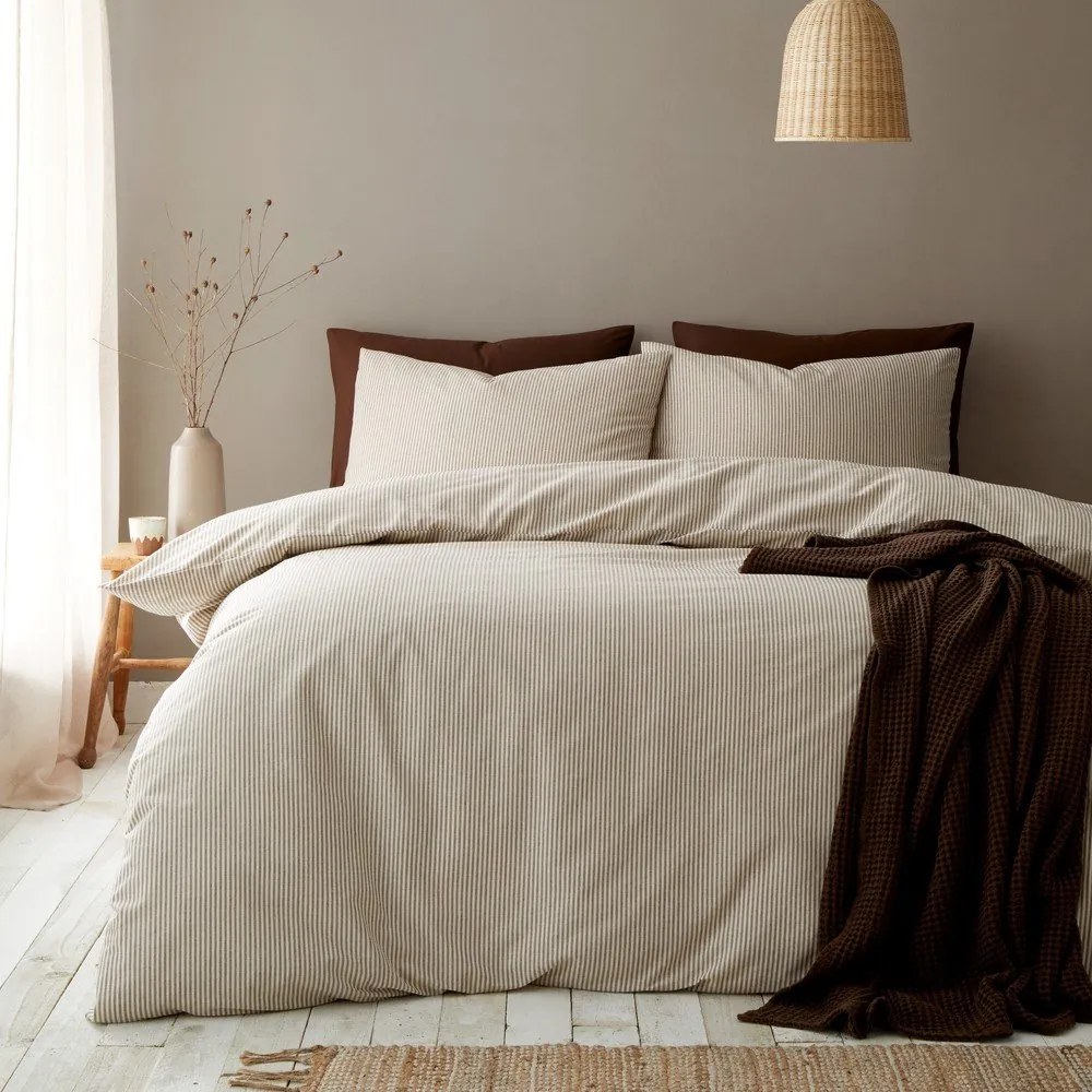 Taupe povlečení na dvoulůžko 200x200 cm Cotton Rich Narrow Woven Stripe – Pineapple Elephant