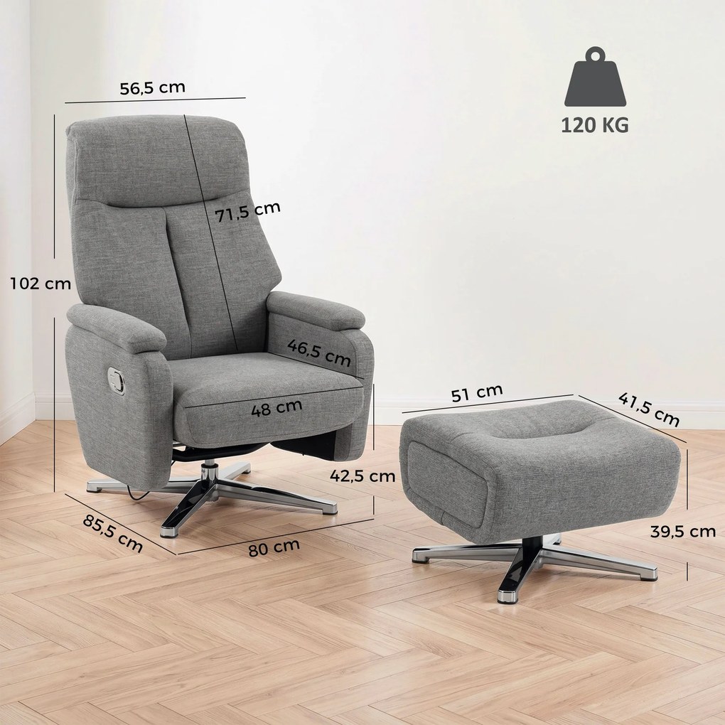 HOMCOM Relaxační křeslo manuálně nastavitelné, lounge křeslo s podnožkou, tmavě šedá