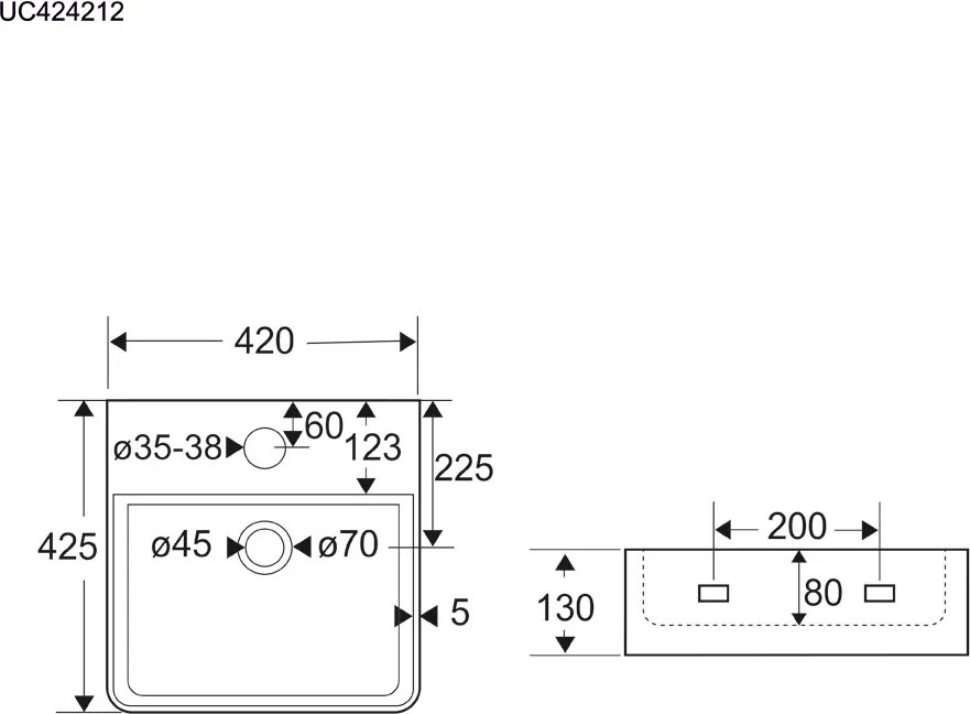 Mereo Mereo, Umyvadlo na desku i zavěšení s přepadem, 420x425x130 mm, keramické - pro zaslání balíkem, UC424212P