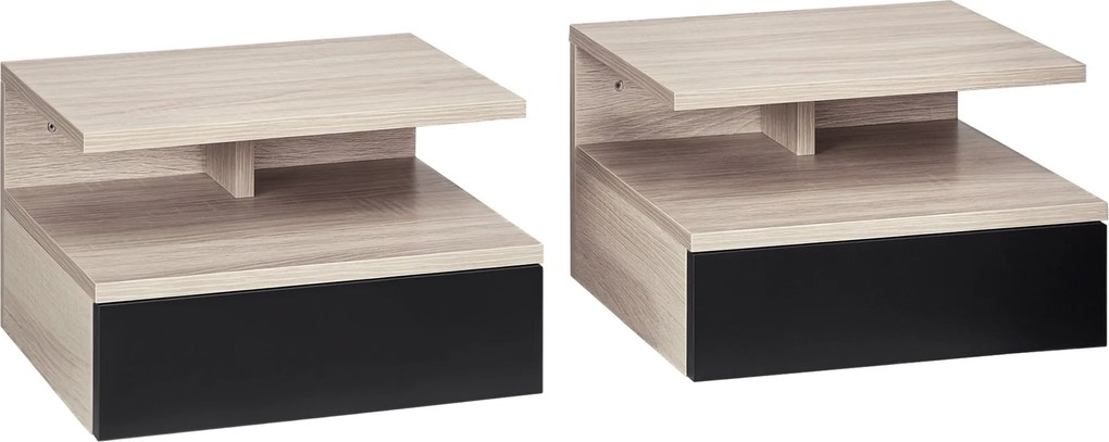 HOMCOM Sada 2 Floating Nočních Stolků Závěsných Nočních Stolků s 1 Šuplíkem a Otevřenou Policí do Ložnice 35x32x22,5 cm Dub a Černá | Aosom