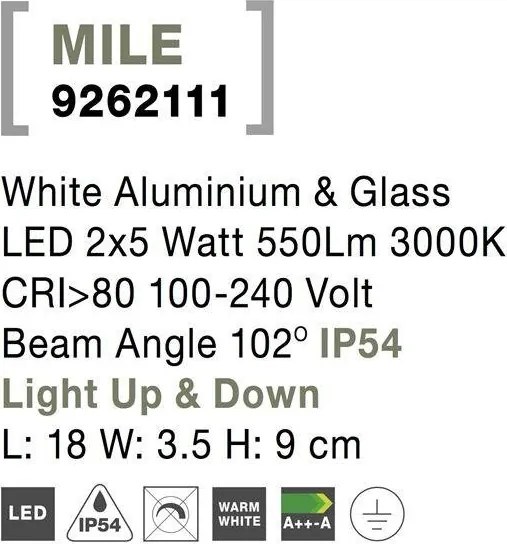 NV 9262111 Venkovní nástěnné svítidlo MILE bílý hliník a sklo LED 2x5W 3000K 100-240V 102st. IP54 světlo nahoru a dolů - NOVA LUCE