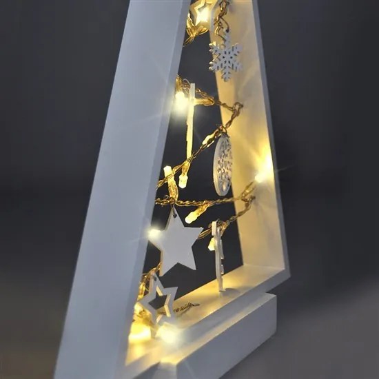 SOLIGHT LED dřevěný vánoční stromek s ozdobami, 15LED, přírodní dřevo, 37cm, 2x AA
