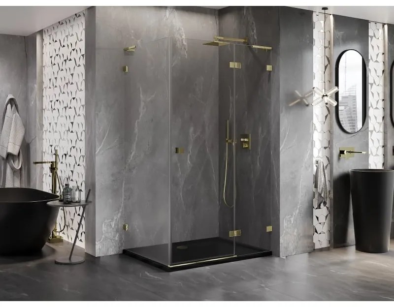 Mexen Lunar, L pravý výklopný sprchový kout 95 x 70 cm, 8mm čiré sklo, zlatý profil, 834L-095-070-50-00-P