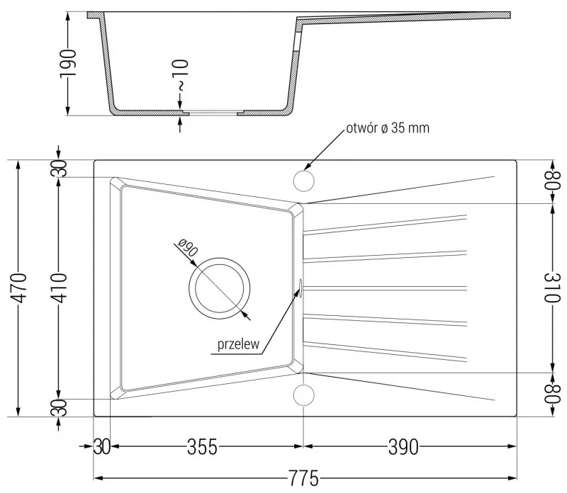 Mexen Cesar 1-miskový granitový dřez s odkapávačem 775 x 470 mm, Černá/Stříbrná kovová, sifon Zlatá - 6514771010-73-G