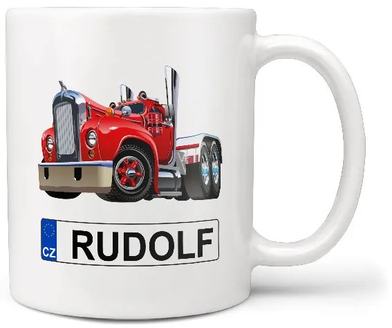 Hrnek SPZ se jménem – barevný kamion (Jméno: Rudolf, Náplň hrníčku: Žádná)