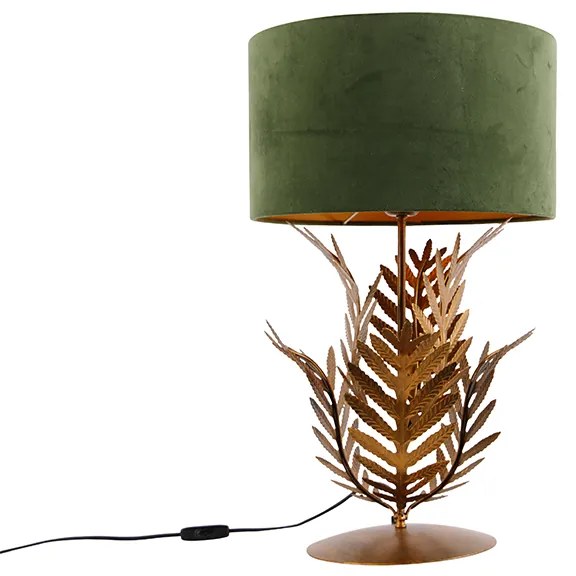 Vintage stolní lampa zlatá s velurovým odstínem zelené 35 cm - Botanica