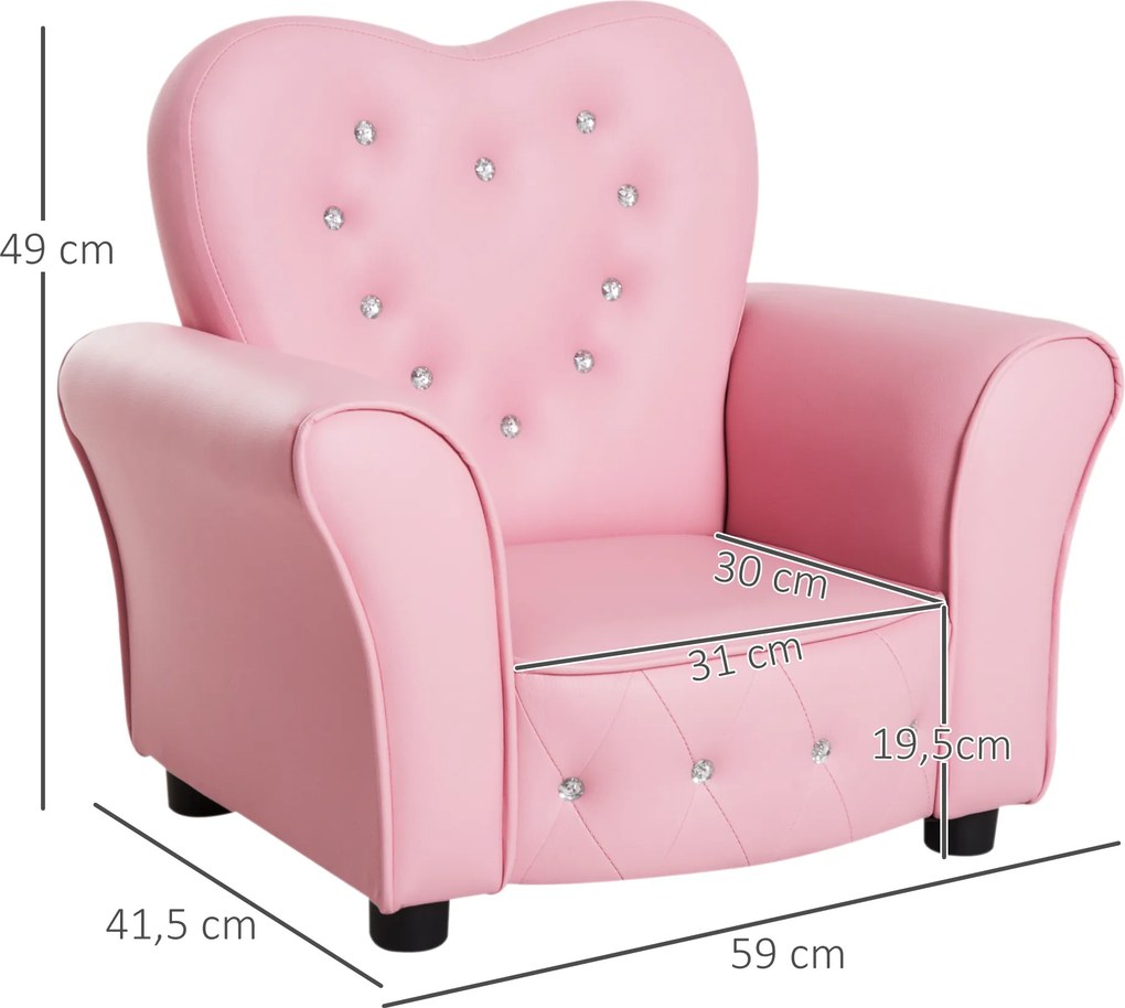 HOMCOM dětská pohovka princezna dětské křeslo ve tvaru srdce růžová útulná pohovka do dětského pokoje D59xŠ41,5xV49cm pro děti