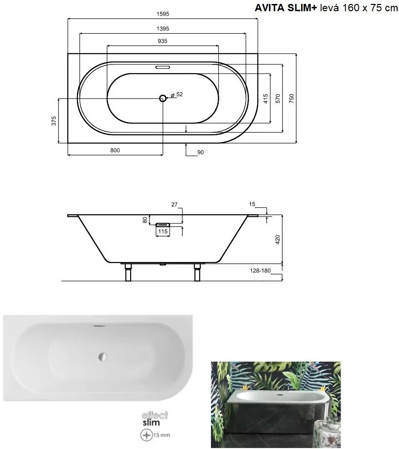 BESCO Asymetrická vana AVITA SLIM+ Nožičky k vaně - Bez nožiček, Rozměr vany - 160 × 75 cm, Způsob provedení - Levé VANAVIT16SLIMLP